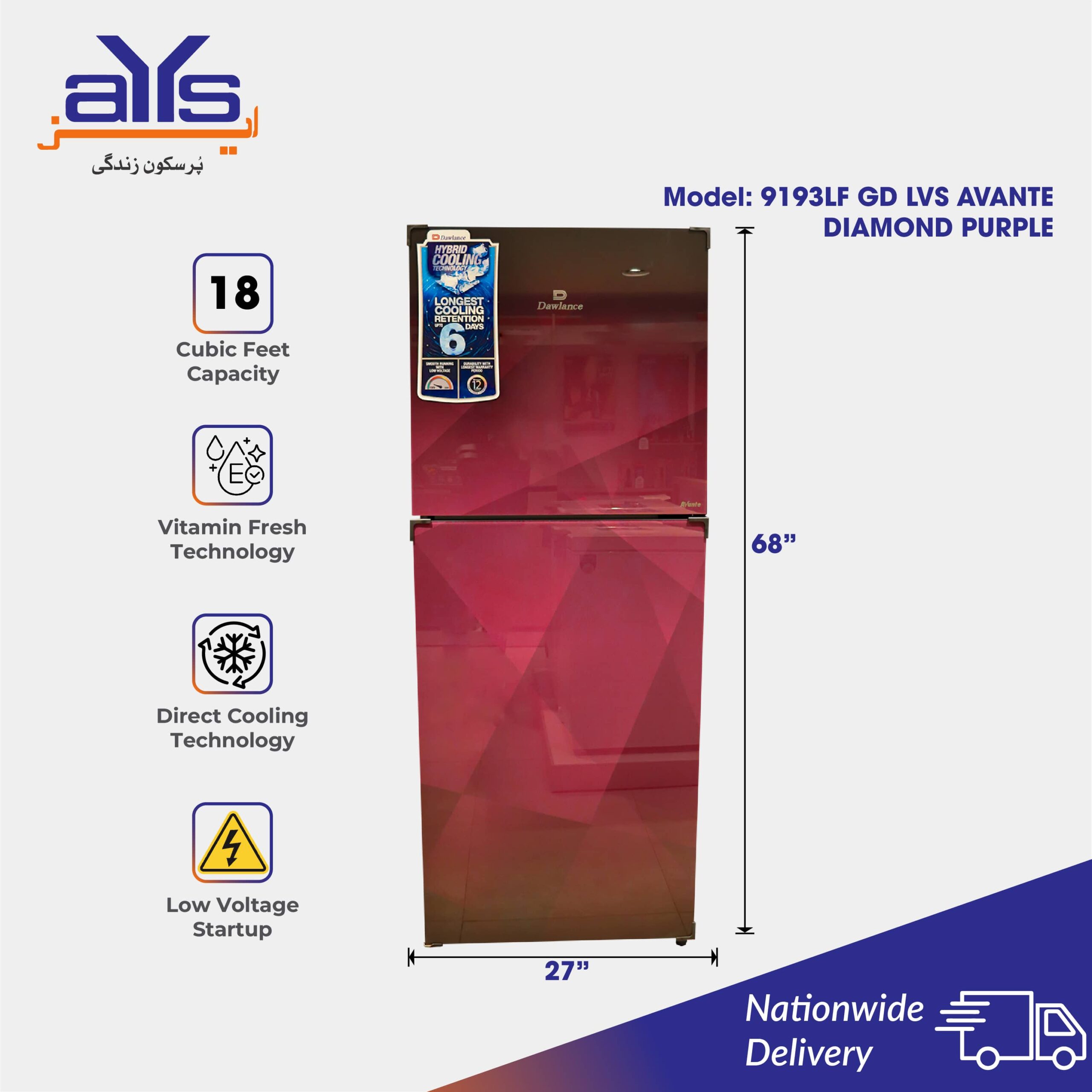 Dawlance 9193-LF Refrigerator (18 Cubic Feet, GD LVS, Avante, Diamond ...