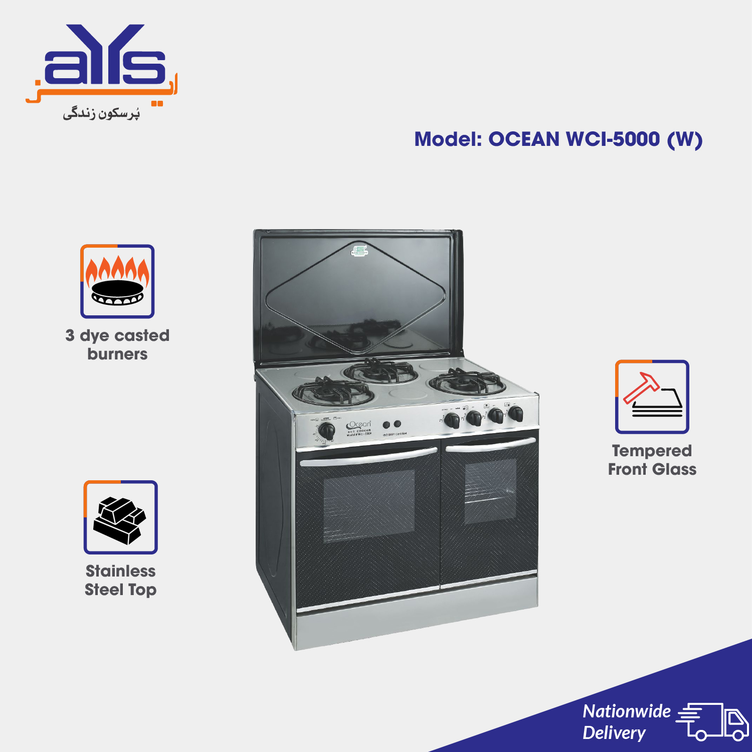 Ocean Double Door Cooking Range WCI-5000W (3 Burners) – Best Price