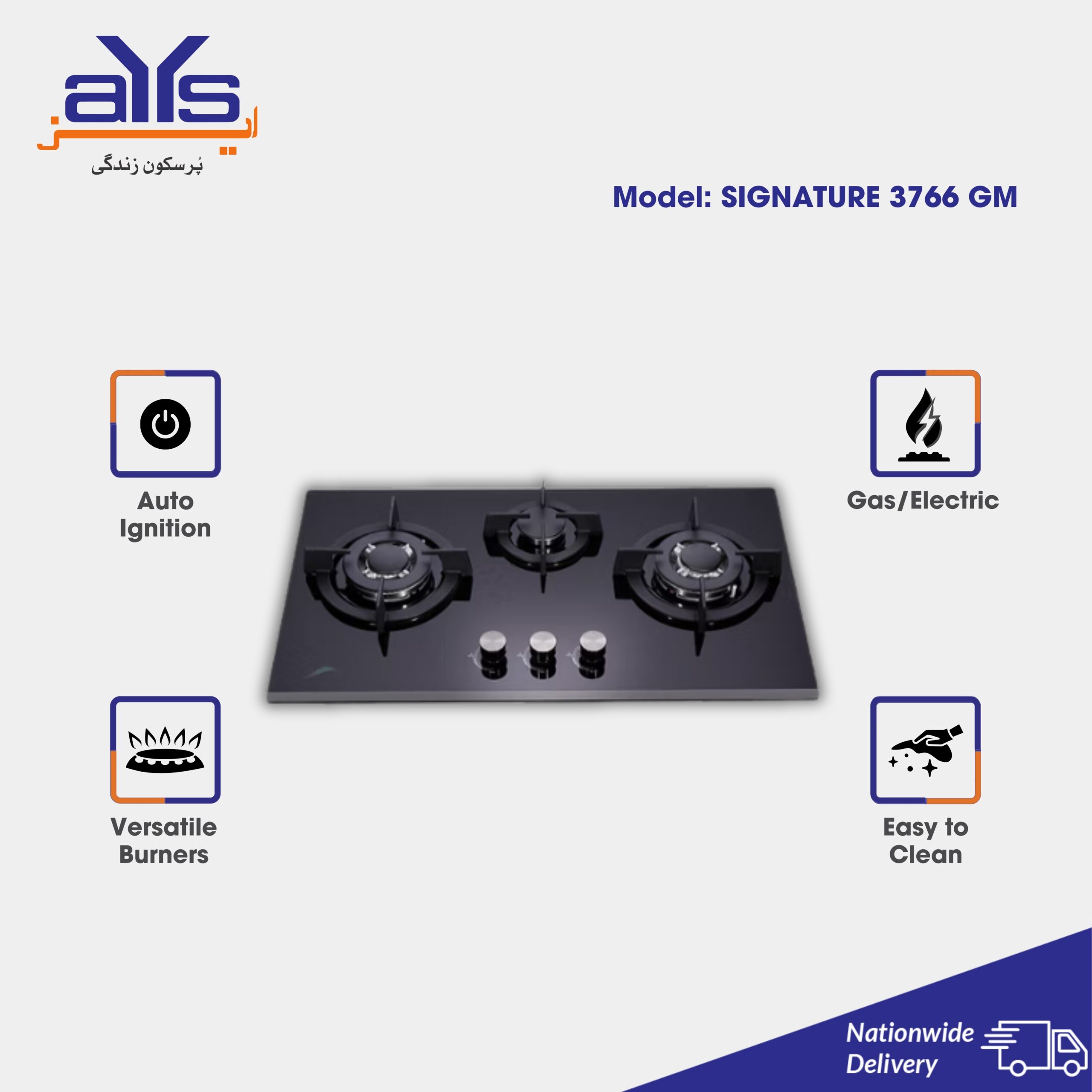Signature Gas Hob 3766GM (3 Burners, Glass Top) – Best Price