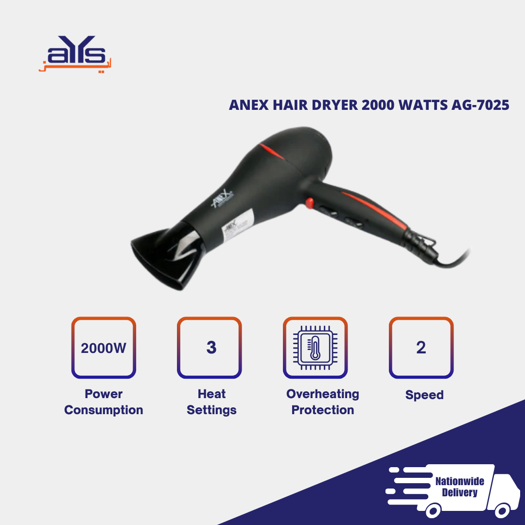 Anex AG-7025 Hair Dryer - 2000 Watts - 2 Speed & 3 Heat Settings – Best ...